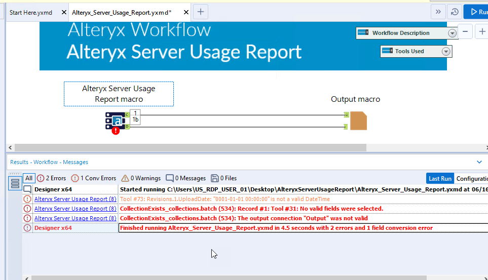 No valid fields were selected Error while running Alteryx server usage ...