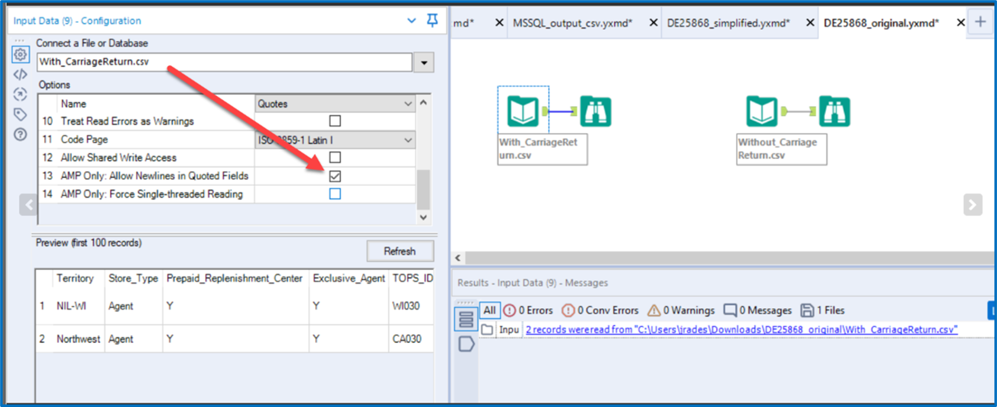 Troubleshooting: ERROR: "Input Data (1) CSVFile: A field was missing a closing quote in record ...